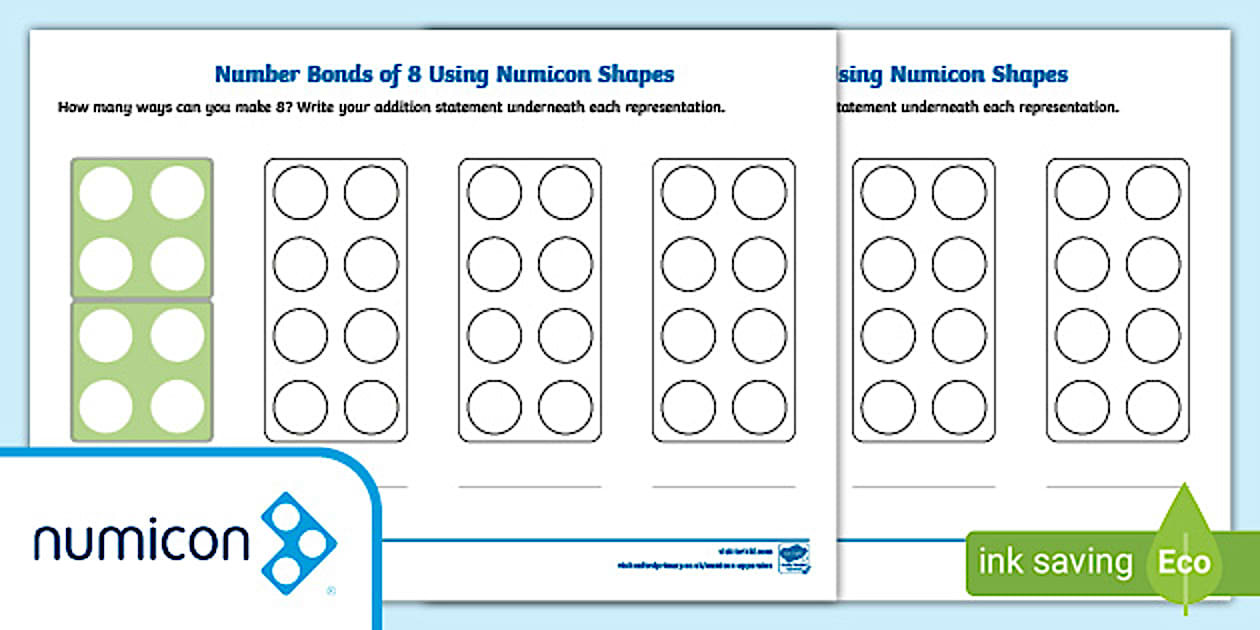 Black and White Number Bonds of 8 Using Numicon Shapes Worksheet